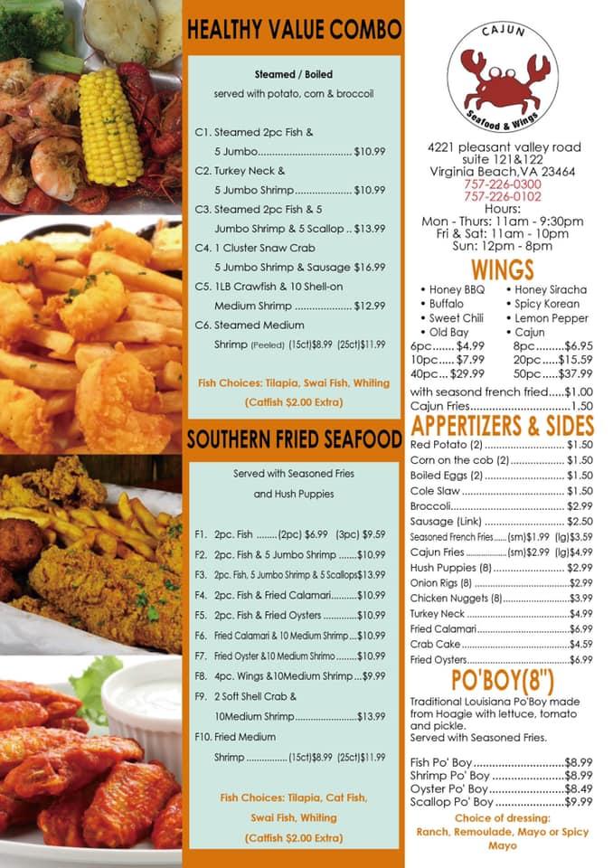 Menu at Cajun Seafood & Wings restaurant, Virginia Beach