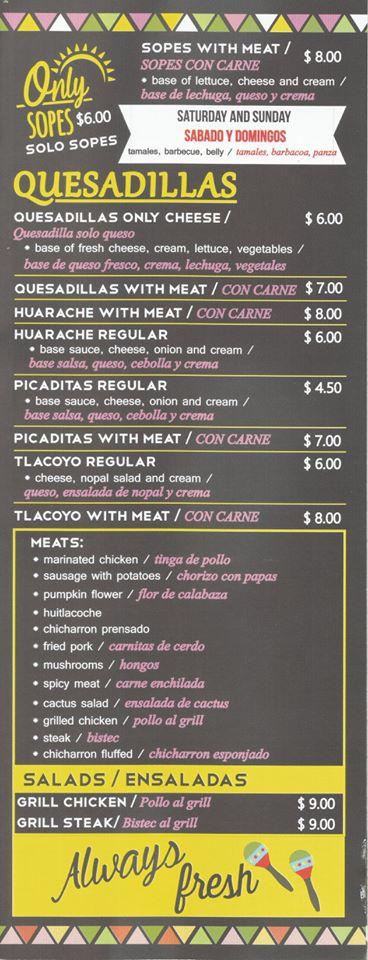 Menu at El Sancho restaurant, New York City, 142 Avenue U