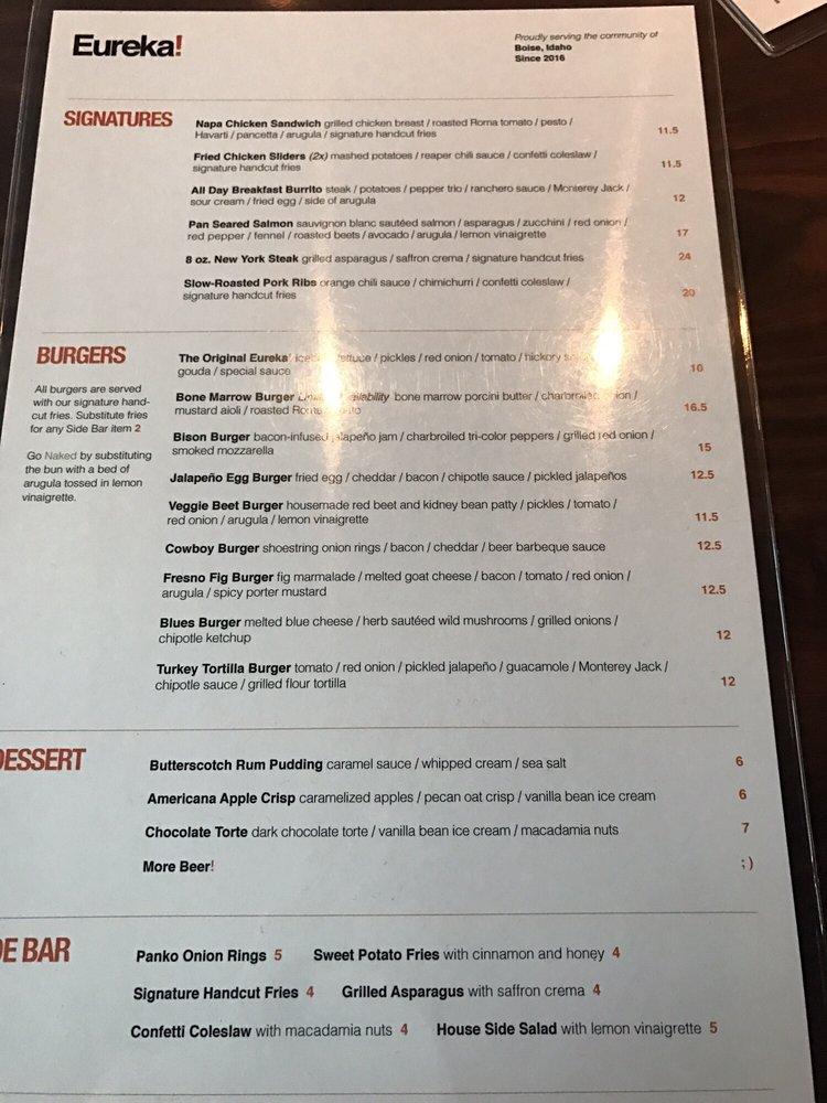 Menu at Eureka! restaurant, Boise