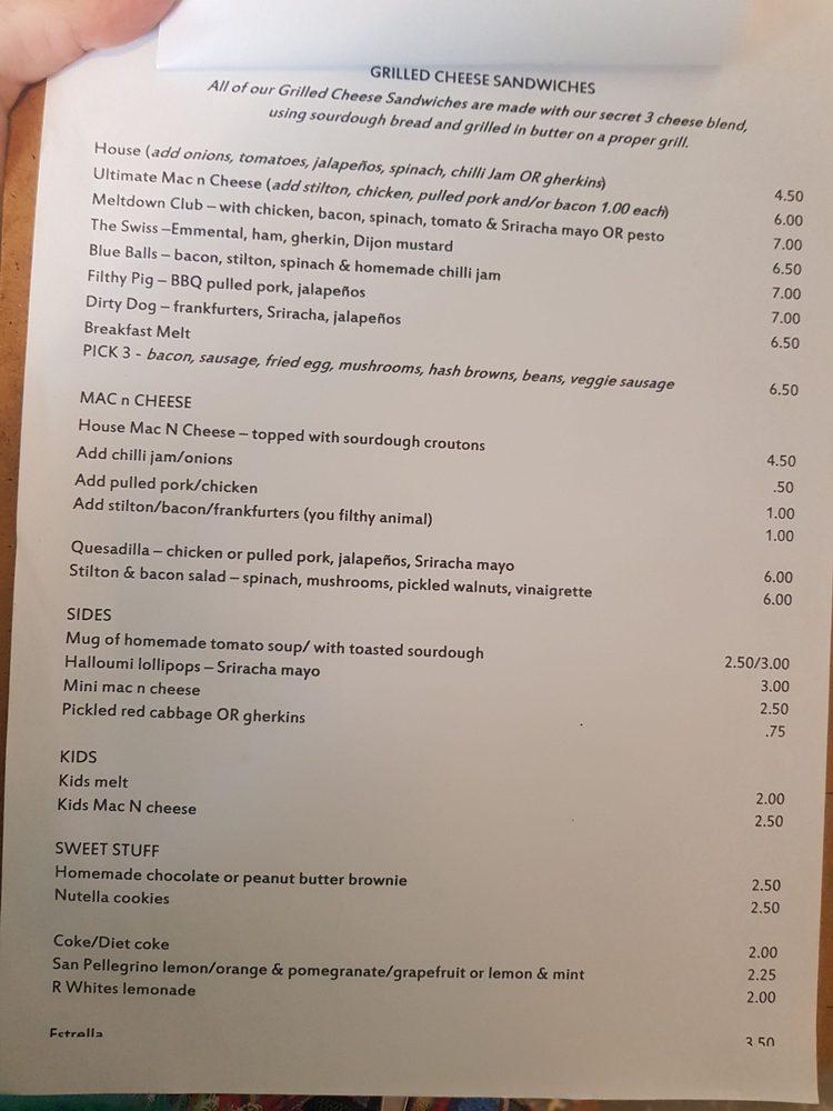 Menu at Meltdown Chester cafe, Chester