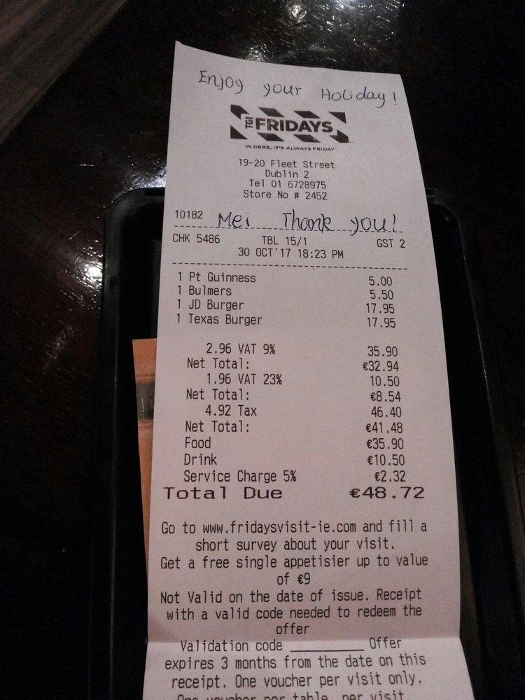 Menu at TGI Friday's - Temple Bar, Dublin, 10-12 Westmoreland St