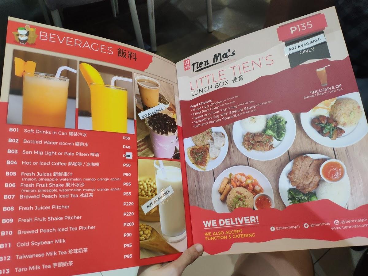 Menu at Tien Ma's restaurant, Cagayan de Oro