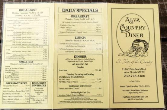 Menu at Alva Country Diner restaurant, Alva, Palm Beach Blvd #3841