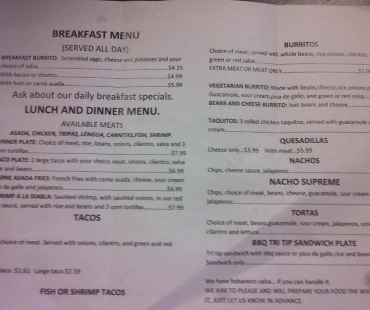 Menu at Llamas Mexican Grill restaurant, Bakersfield