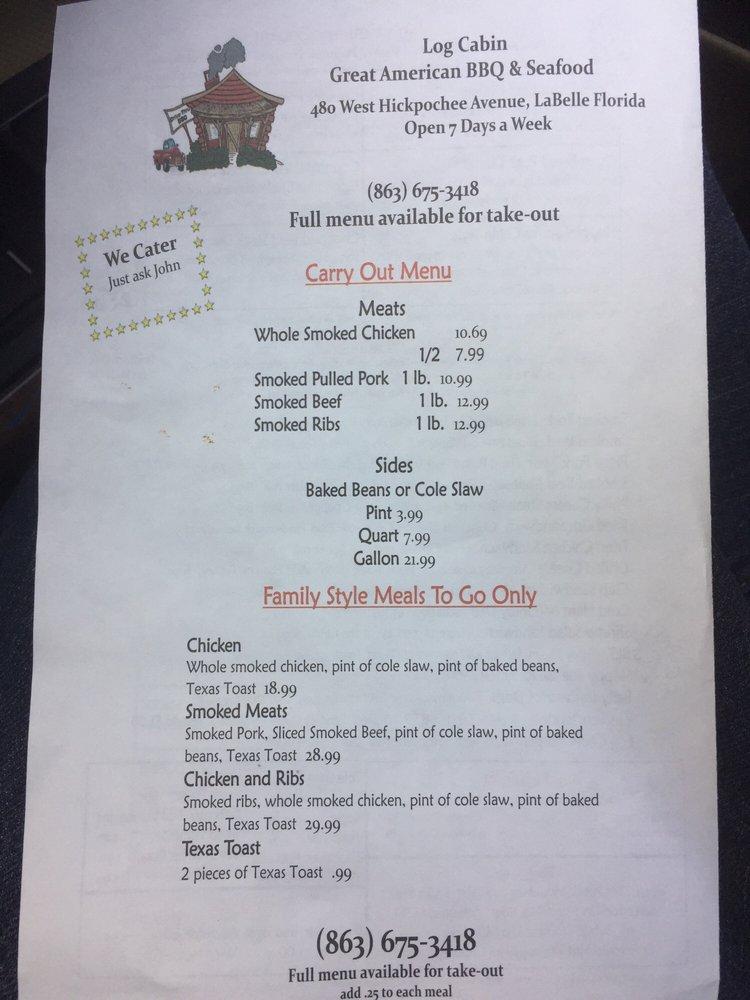 Menu at The Log Cabin BBQ, LaBelle
