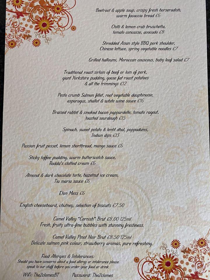 Menu at The Two Clomes pub & bar, Newquay