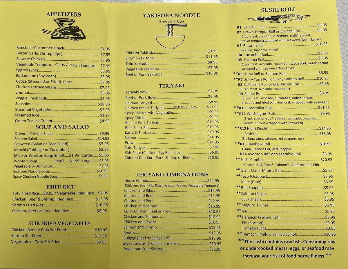 Menu at Tokyo Teriyaki restaurant, Gig Harbor