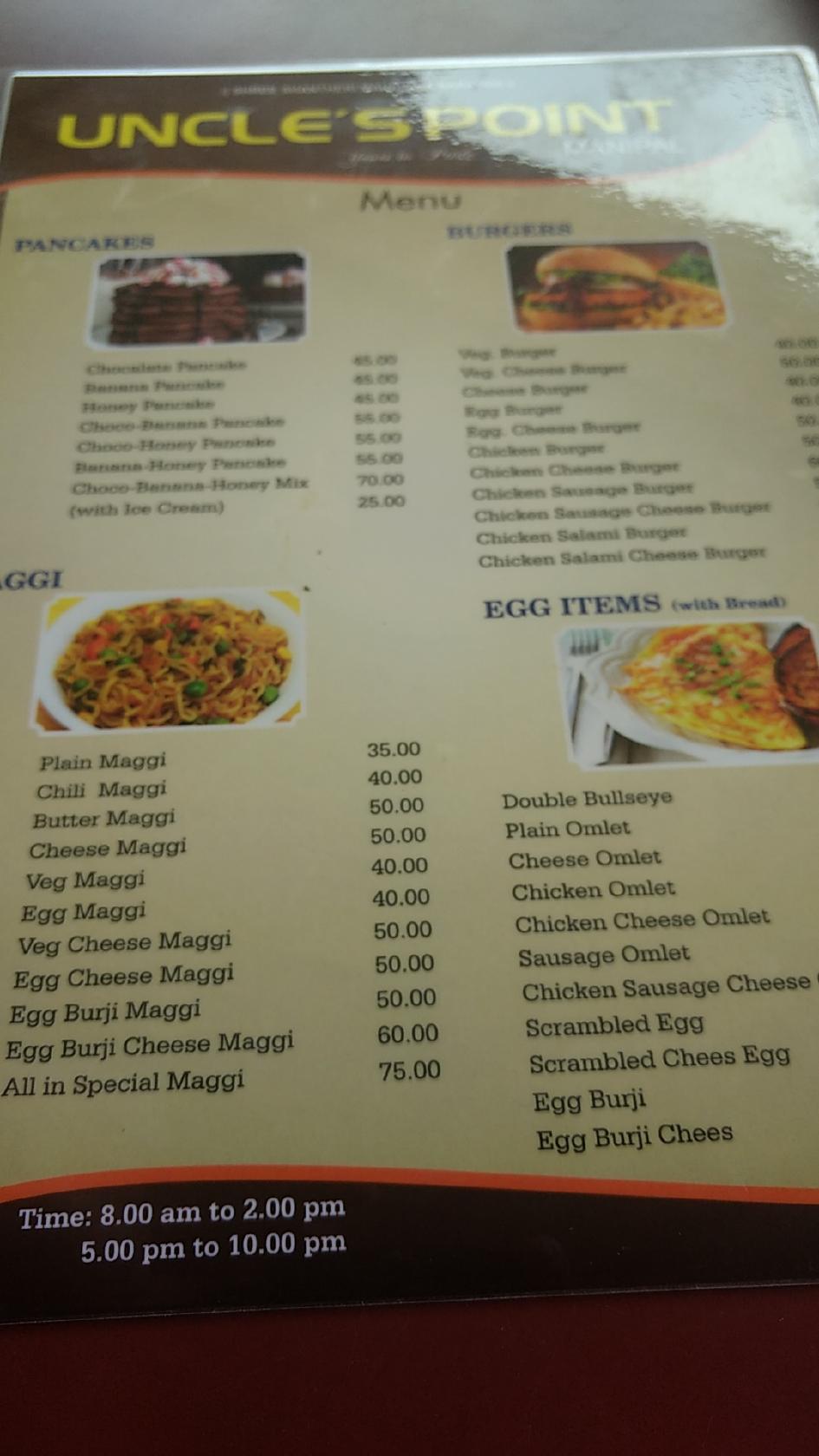 Menu at Uncle's Point, Manipal, Saralebettu Rd