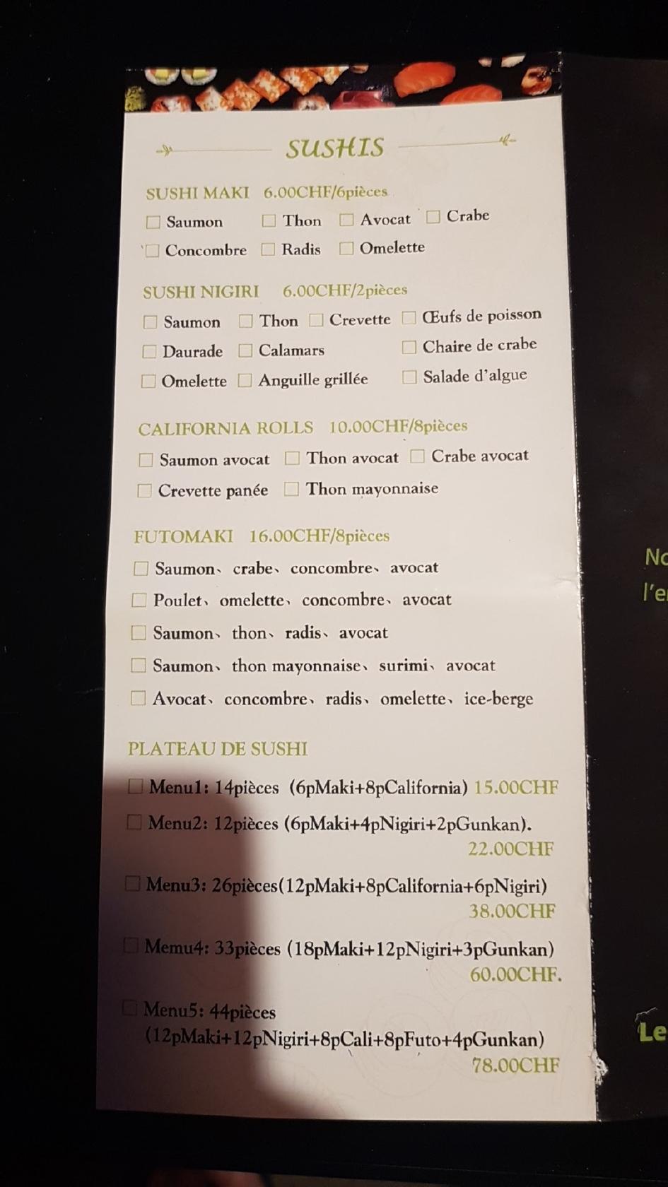 Menu da Chez Maître ZOU, Svizzera