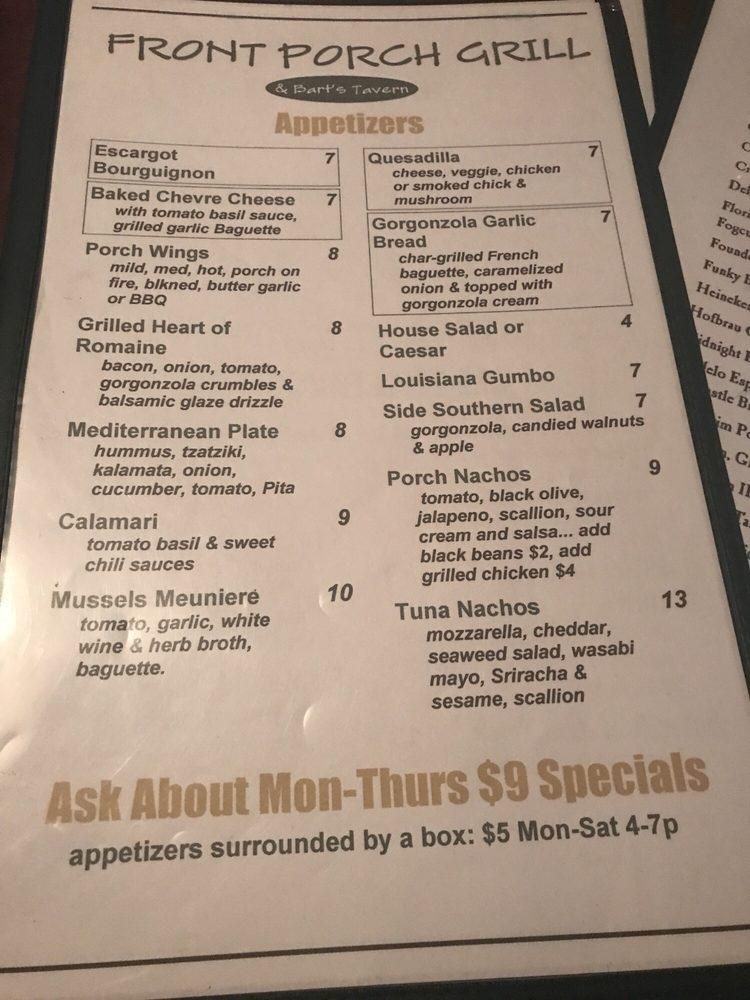 Menu at Front Porch & Bart's Tavern, Tampa