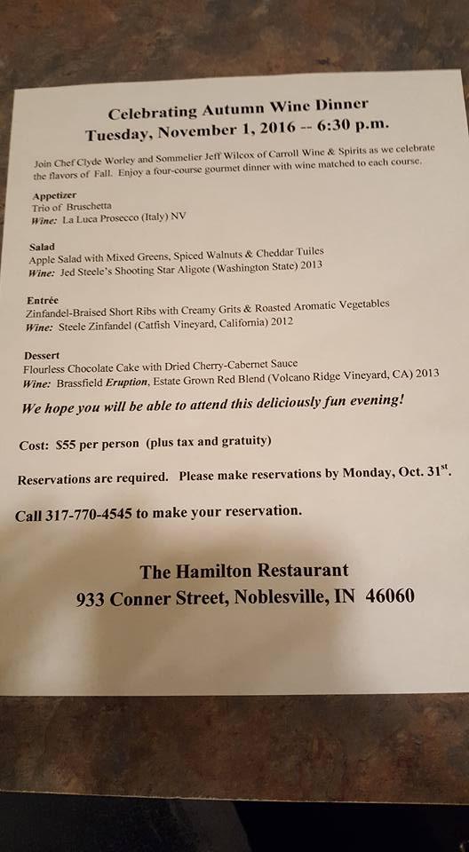 Menu at Hamilton Restaurant, Noblesville