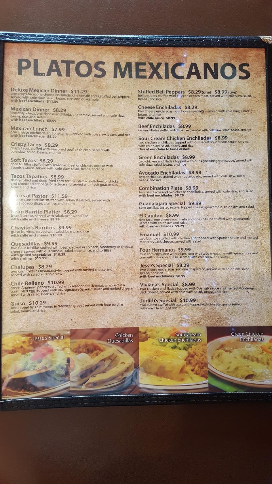 Menu at Los Panchitos restaurant, San Angelo, Pulliam St