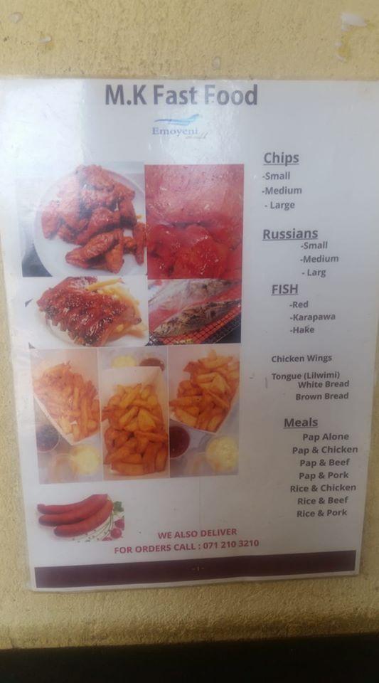 Menu at Mk fast food restuarant, Nelspruit
