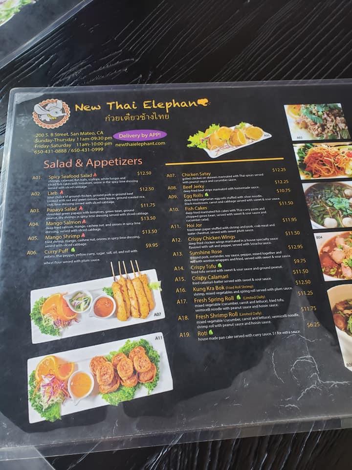 Menu at New Thai Elephant restaurant, San Mateo