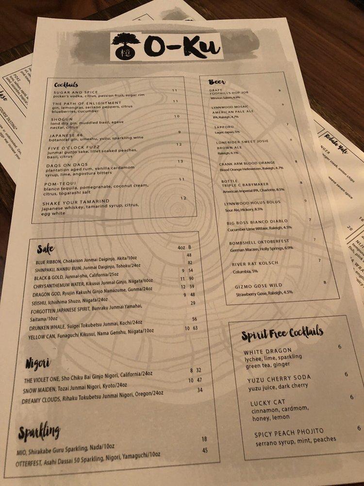 Menu at O-Ku restaurant, Raleigh