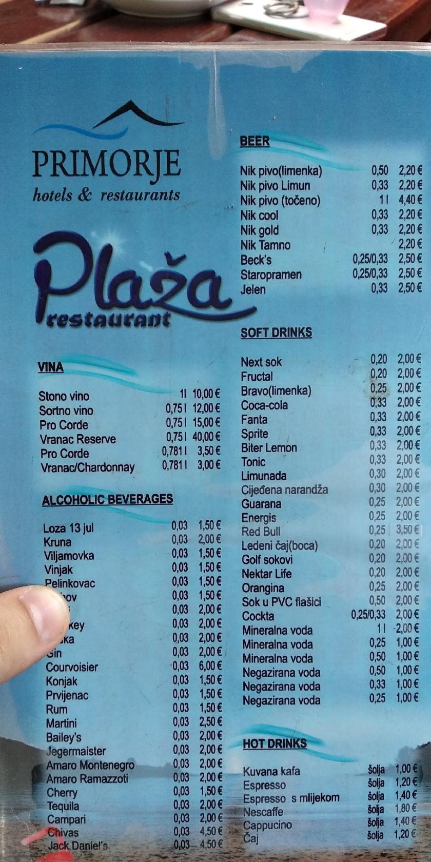 Menu at Restoran Plavi Horizonti restaurant, Mrčevac