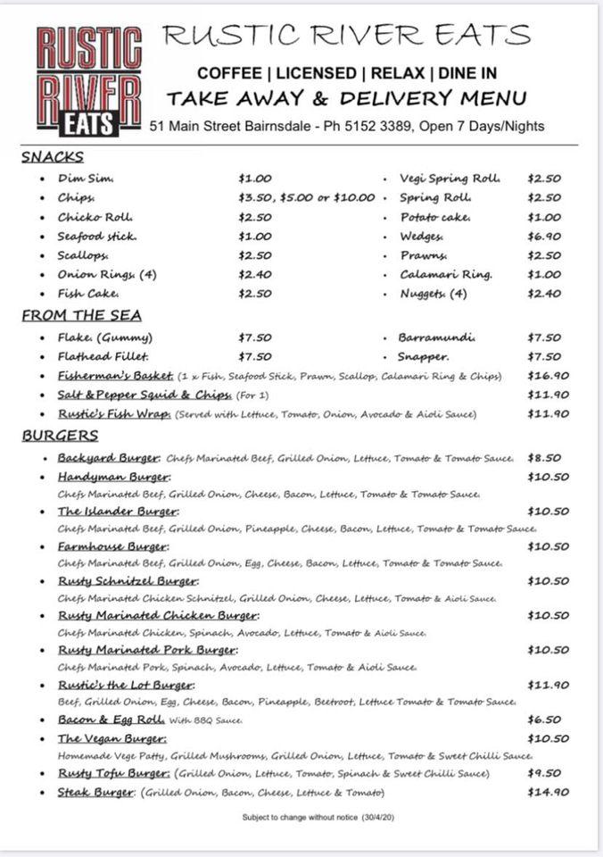 Menu at Rustic River Eats cafe, Bairnsdale