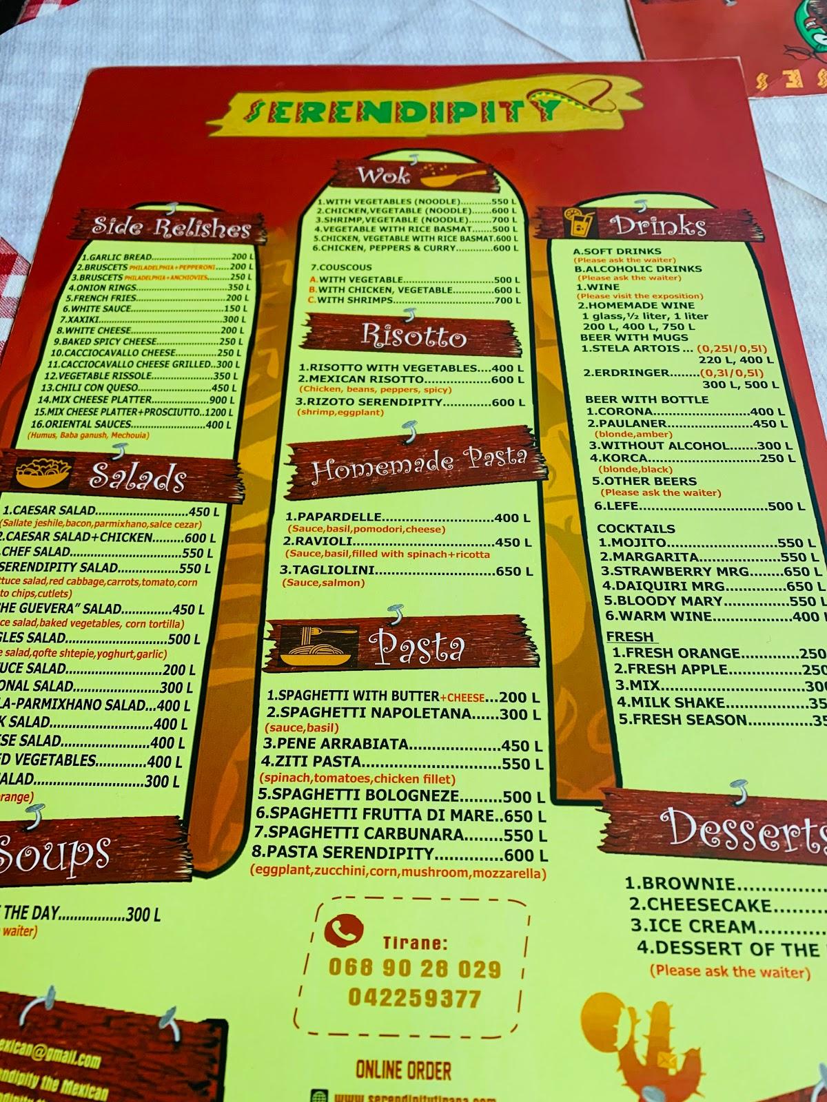 Menu at Serendipity the Mexican restaurant, Tirana