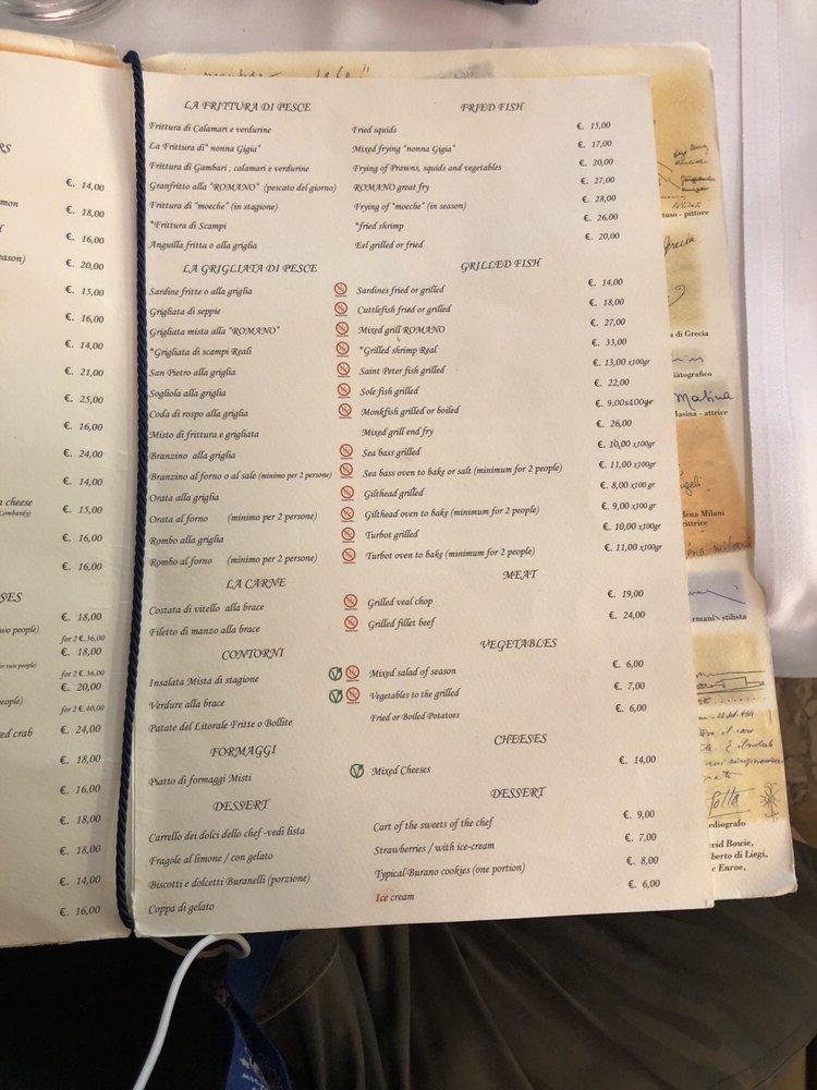 Menu da Trattoria da Romano ristorante, Venezia, Via Baldassarre Galuppi