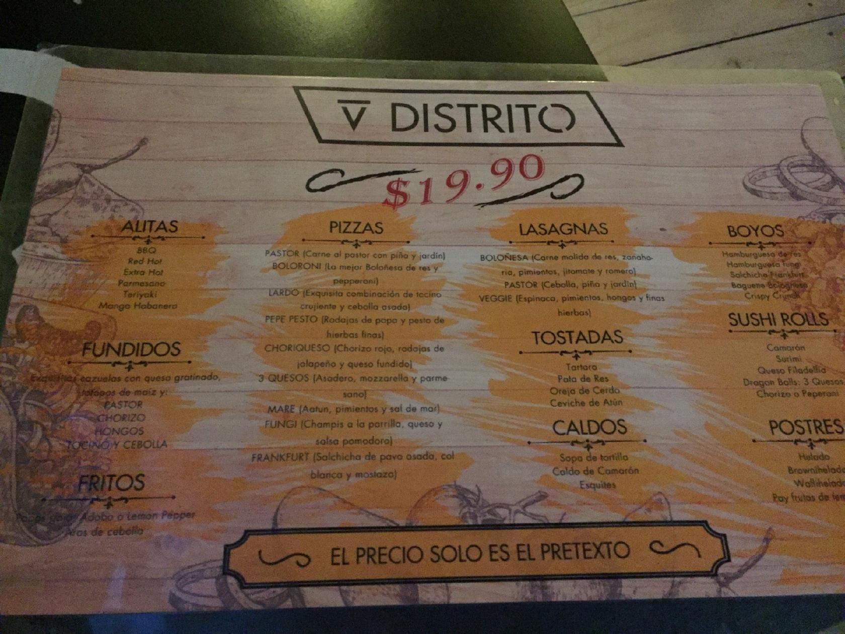 Carta del pub y bar V Distrito, Santiago del Querétaro, Luis Pasteur