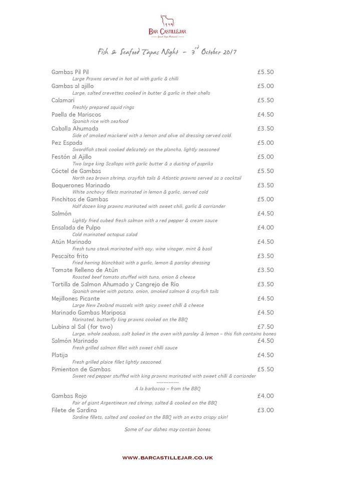 Menu at Bar Castilléjar, Louth