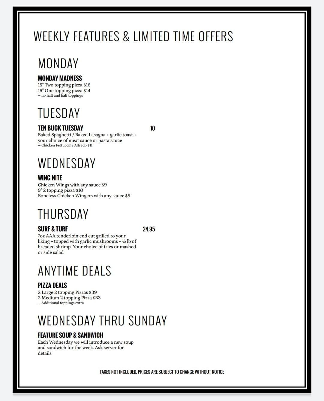 Menu at Dawson Trail Motor Inn pub & bar, Lorette