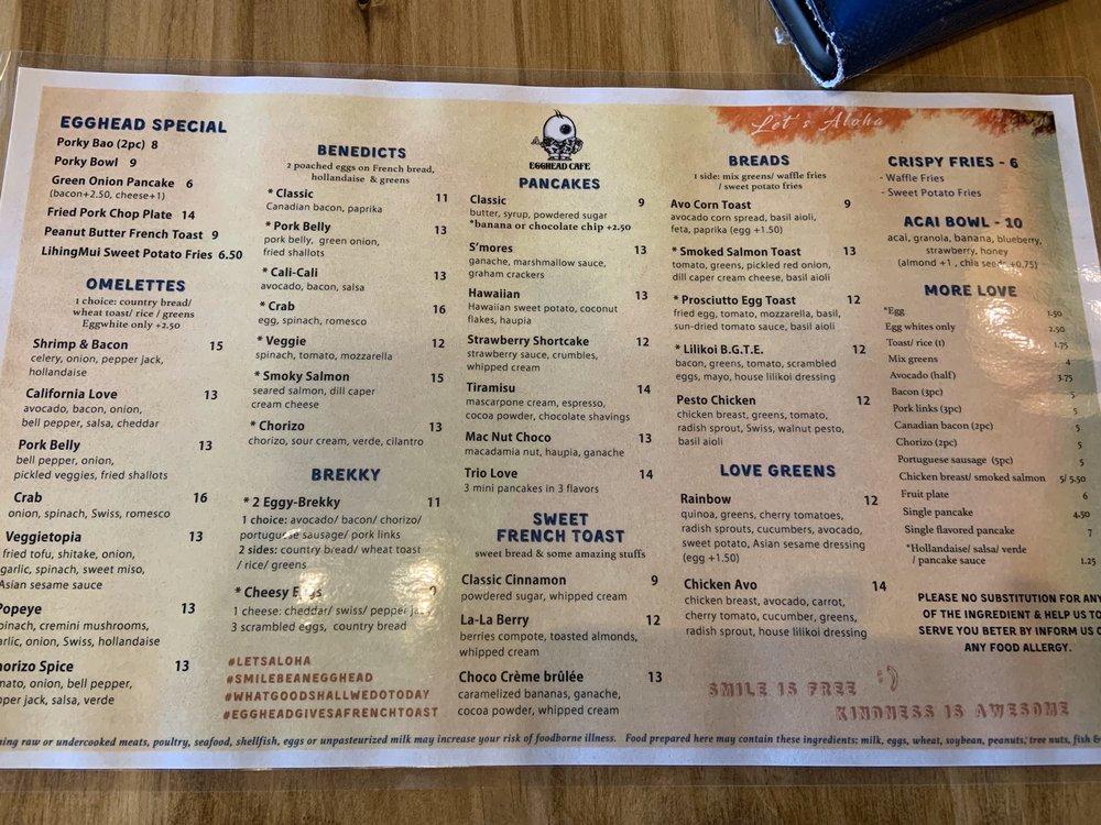 Menu at Egghead Cafe, Honolulu, Dillingham Blvd #8
