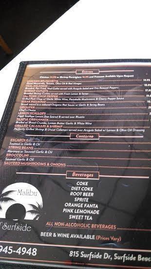 Menu at Malibu Of Surfside Italian Restaurant, Surfside Beach