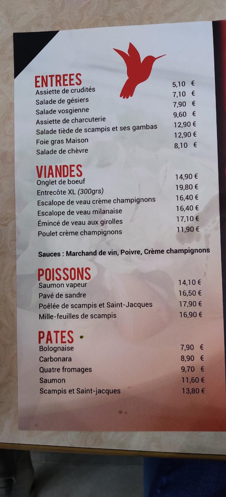 Menu at Restaurant Pizzeria Le Colibri, Mance