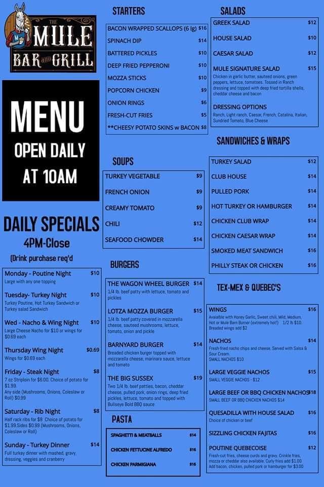 Menu at The Mule Bar & Grill, Sussex