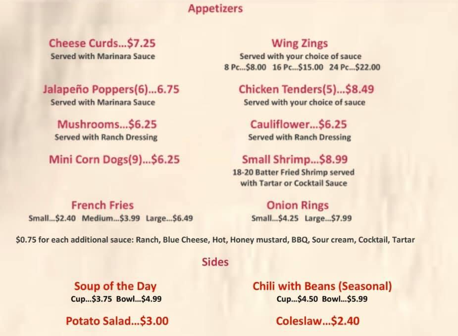 Menu at Zeke's Place restaurant, Bloomington