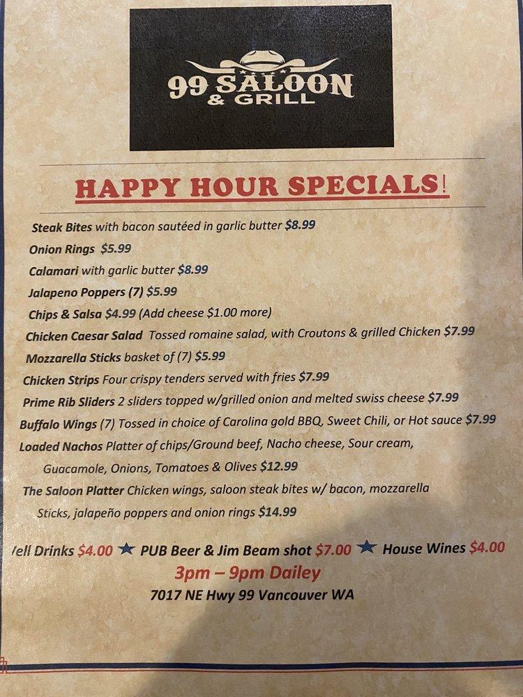 Menu at 99 Saloon & Grill pub & bar, Vancouver