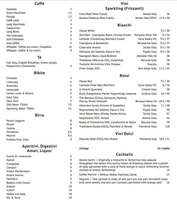 Menu at Birichino Cucina & Pizzeria, Balwyn
