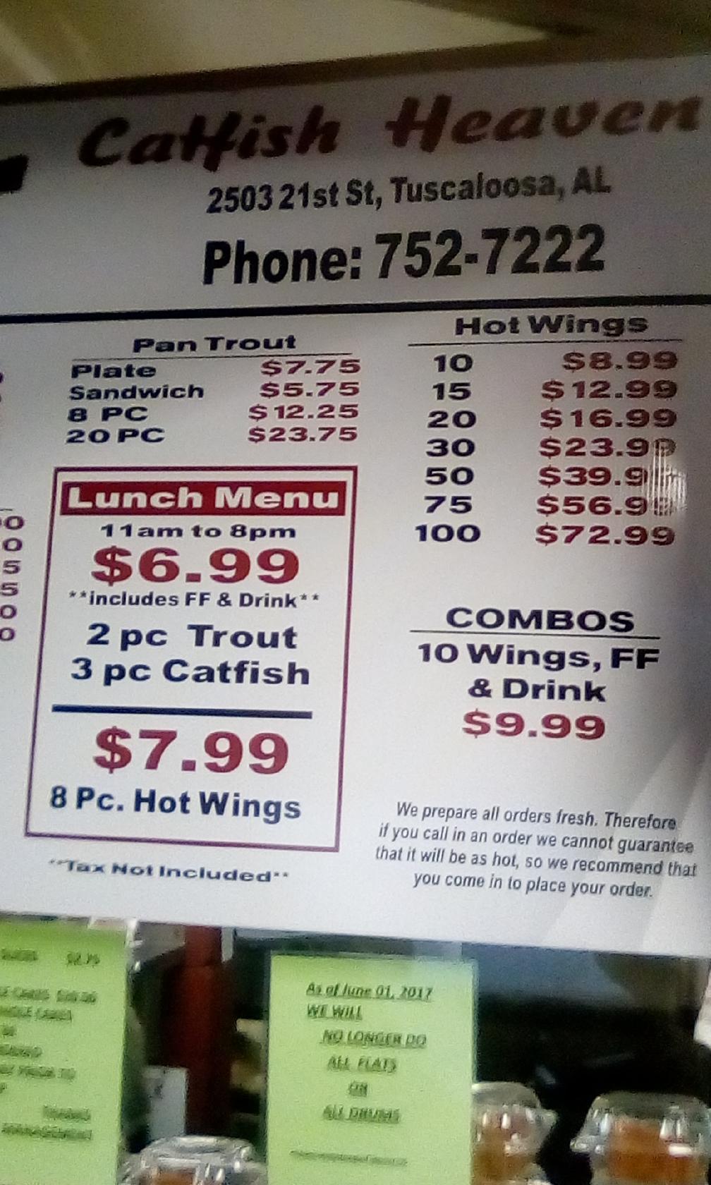 Menu at Catfish Heaven restaurant, Tuscaloosa