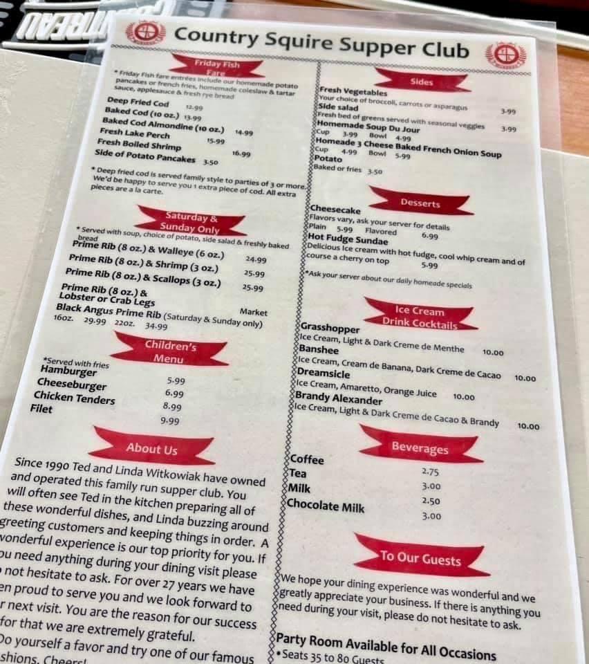 Menu at Country Squire Supper Club, Muskego