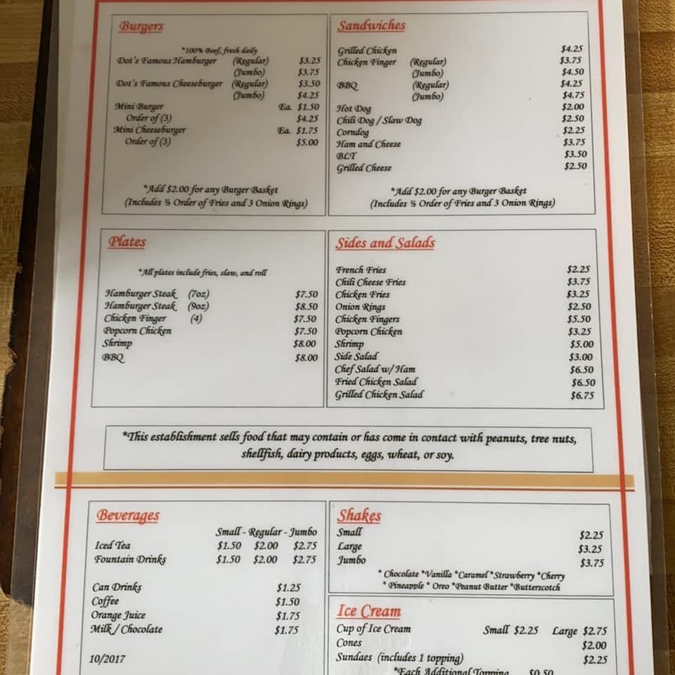 Menu at Dot's Dairy Den restaurant, New Hope