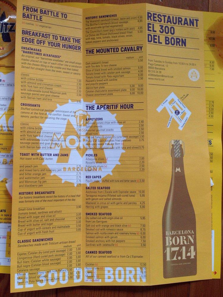 Menu at El 300 del Born restaurant, Barcelona