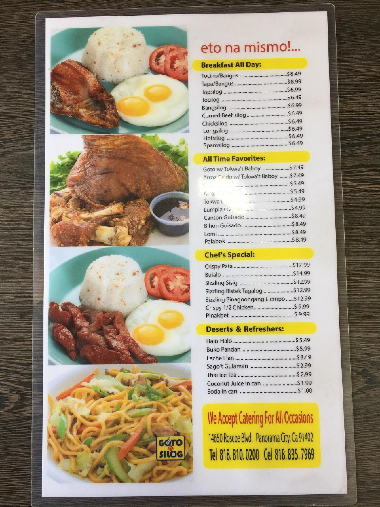 Menu at GOTO@SILOG restaurant, Los Angeles