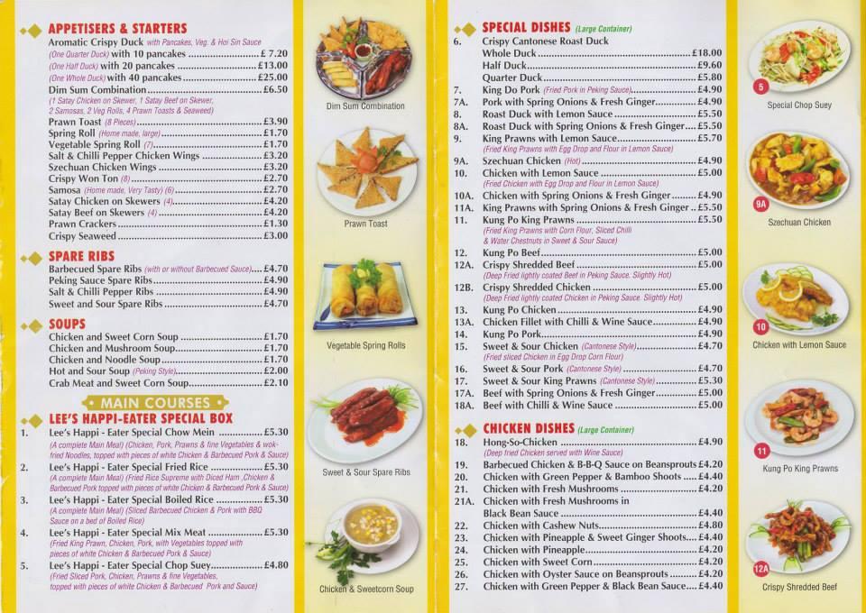 Menu at Lee's Happi Eater fast food, Stoke-on-Trent