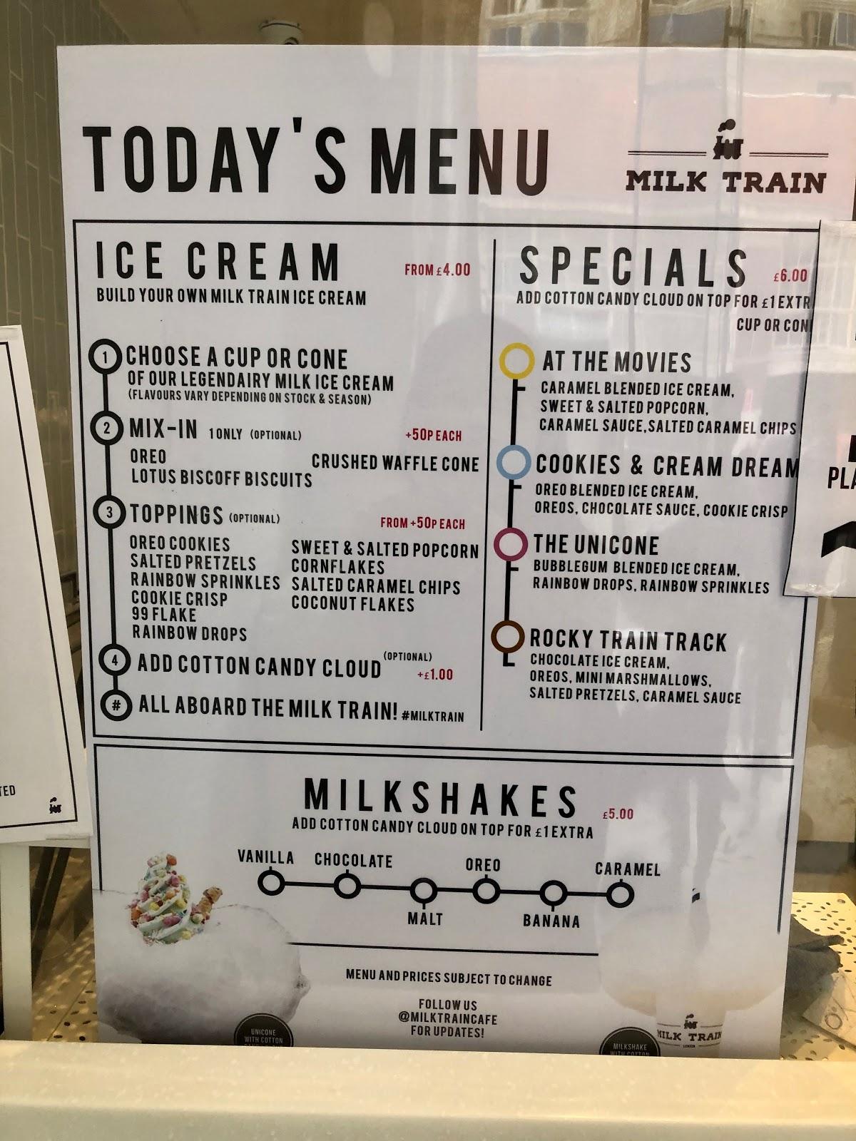 Menu at Milk Train desserts, London, 12 Tavistock St