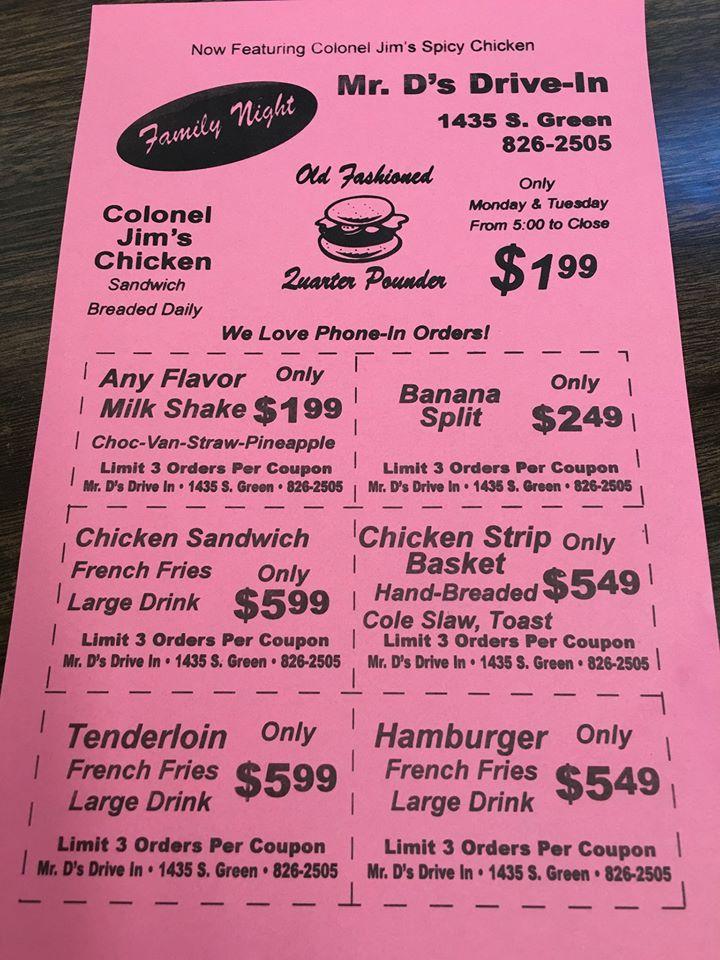 Menu at Mr D's restaurant, Henderson