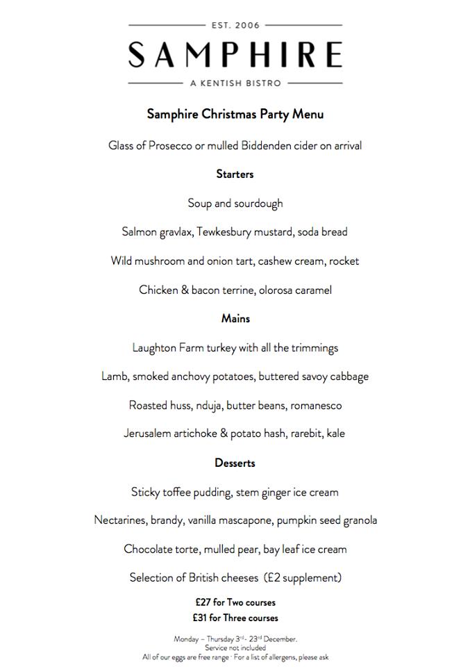 Menu at Samphire restaurant, Whitstable