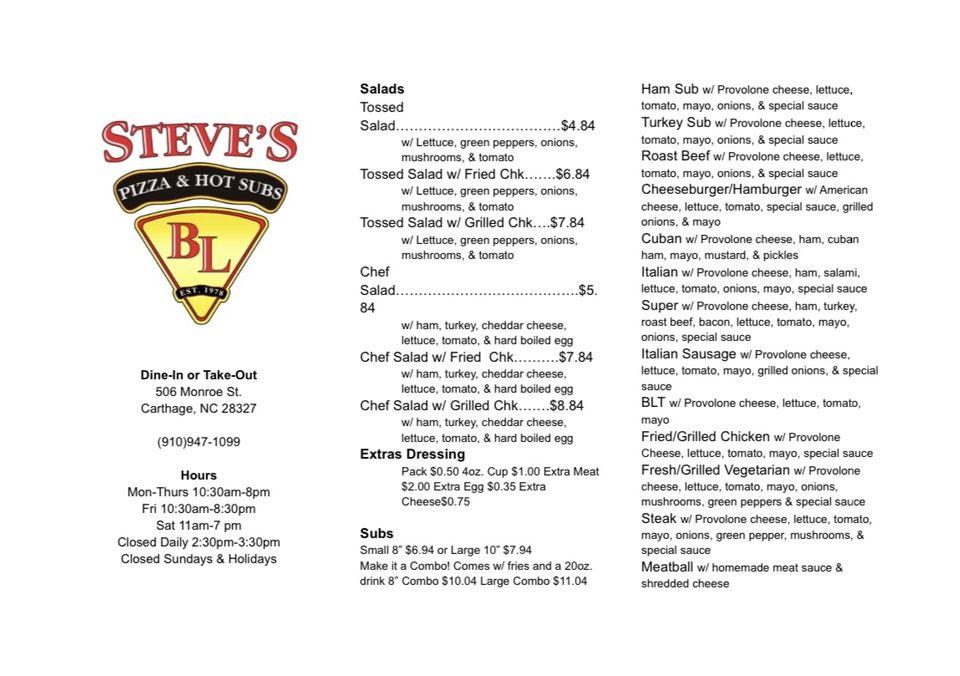 Menu at Steve's Pizza & Hot Subs pizzeria, Carthage