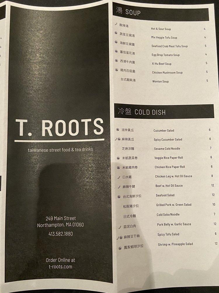 Menu at T. ROOTS restaurant, Northampton