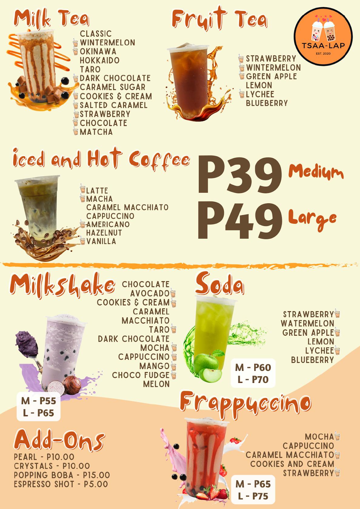 Menu at Tsaa-Lap Milktea House restaurant, Manila