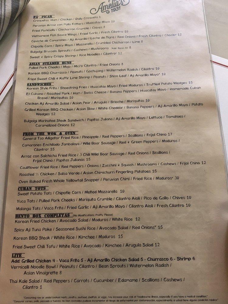 Menu at Amelia's 1931 restaurant, Tamiami, SW 26th St