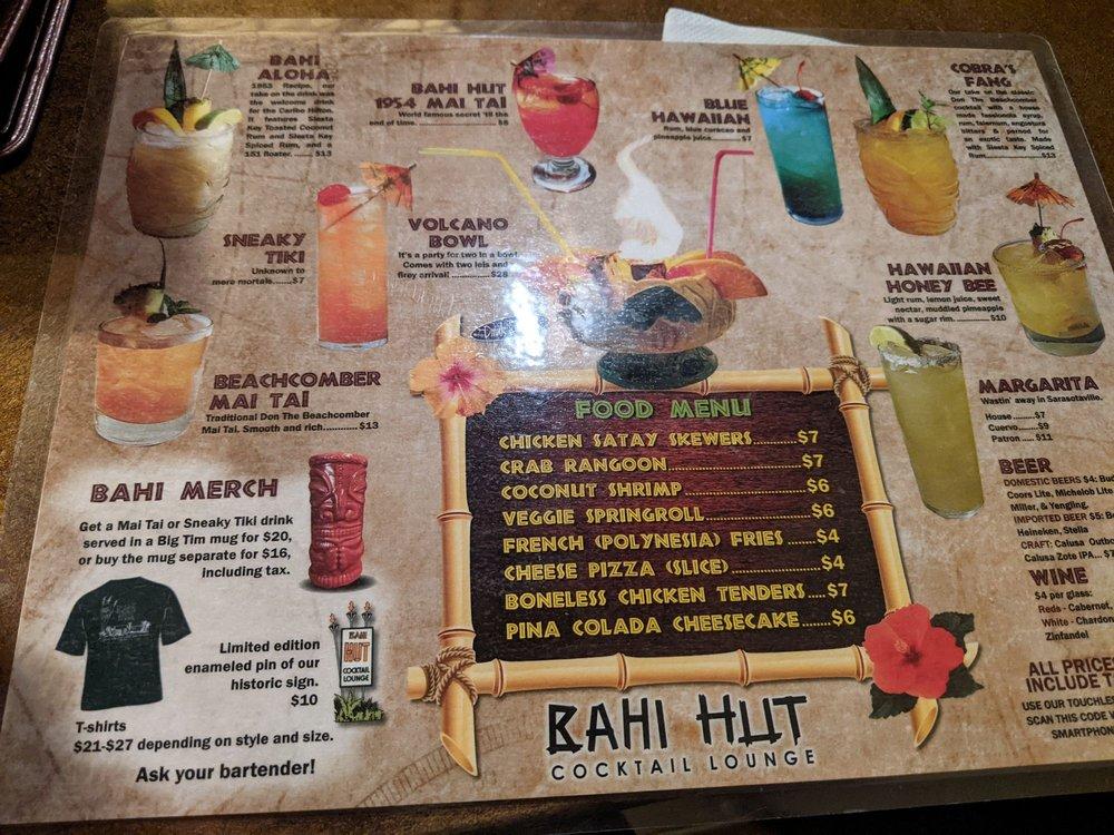 Menu at Bahi Hut Tiki Cocktail Lounge pub & bar, Sarasota