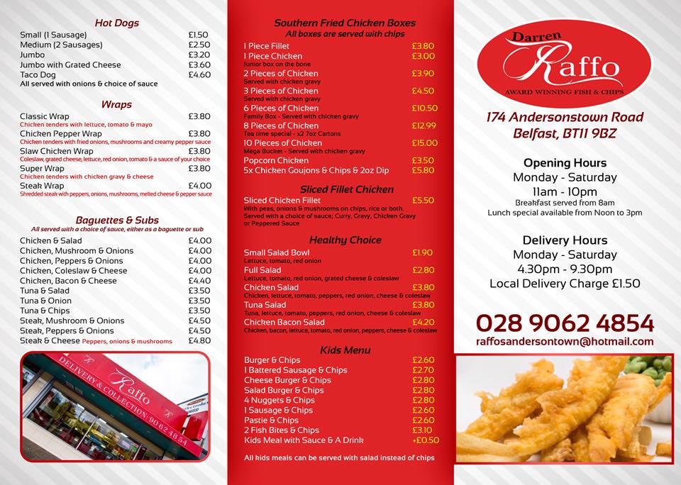 Menu at Raffos Chippy fast food, Belfast, 174 Andersonstown Road