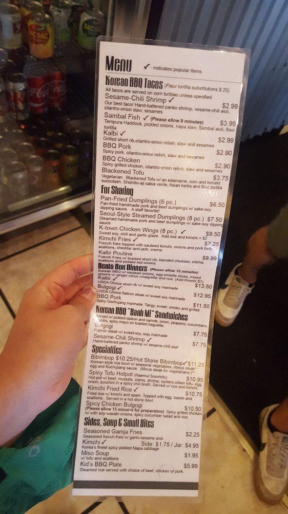 Menu at Del Seoul restaurant, Chicago