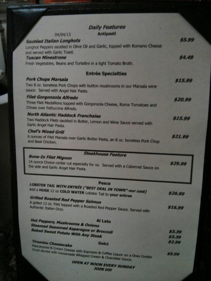 Menu at Delmonico’s Italian Steakhouse, Utica